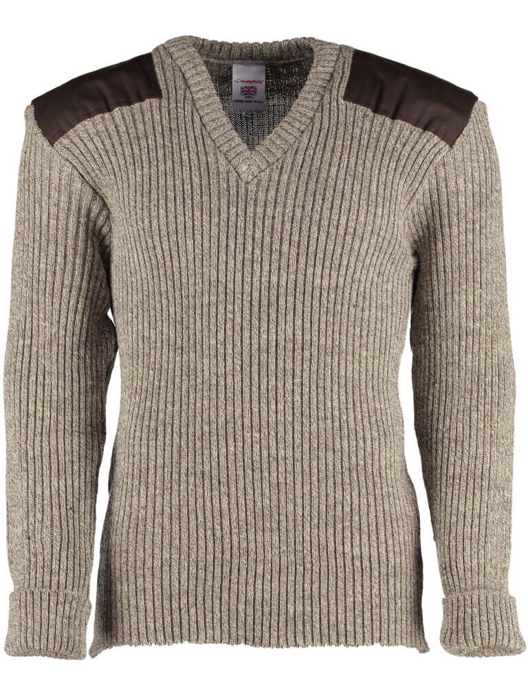 9043 - York Woolly Pully Vee Neck Sweater With Patches - Outdoor Knitwear