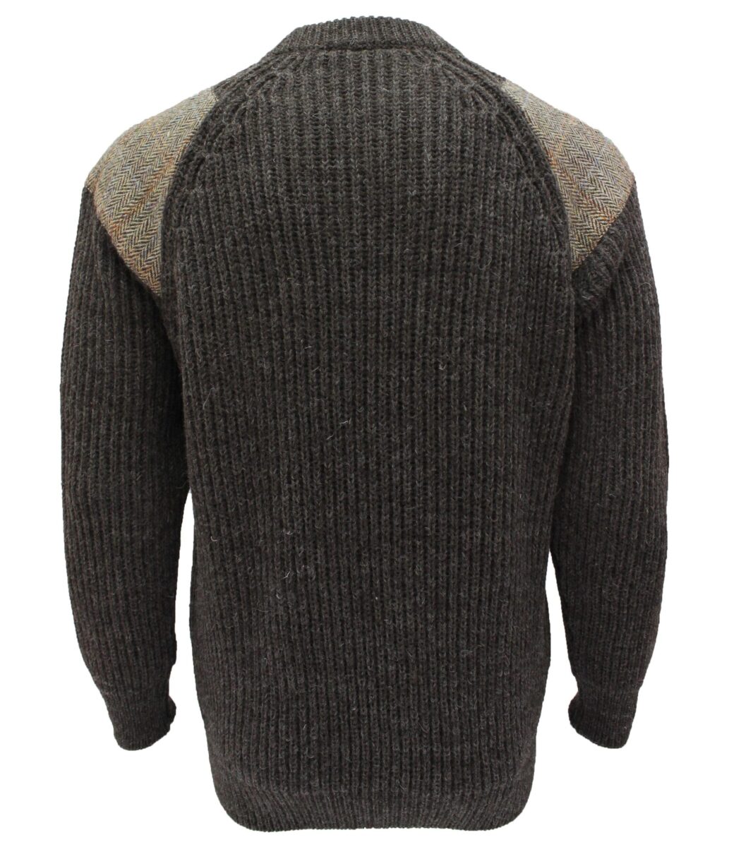 Gamekeeper- Chunky crew neck sweater with Harris Tweed patches ...