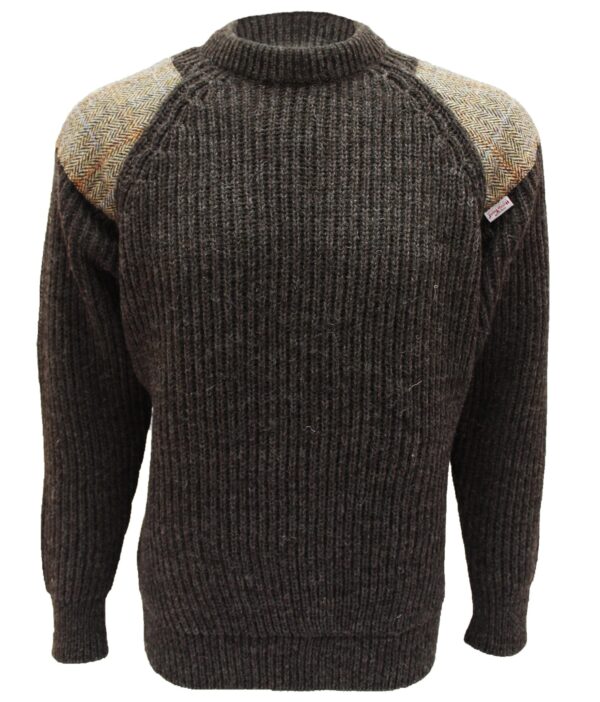 Gamekeeper- Chunky crew neck sweater with Harris Tweed patches ...