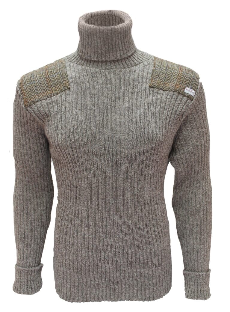 Ghillie - Roll Neck Woolly Pully Sweater with Harris Tweed patches ...