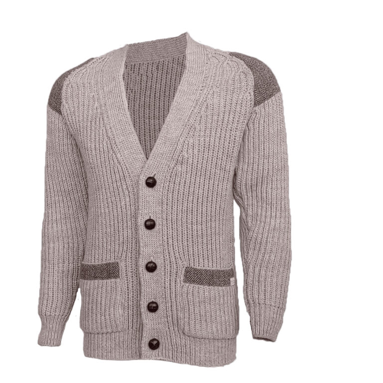 Laird - Chunky knit traditional cardigan with Harris Tweed patches ...