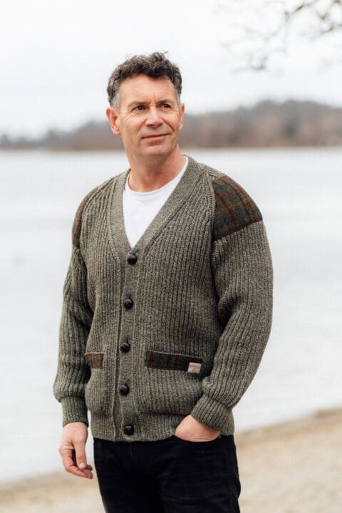 Laird - Chunky knit traditional cardigan with Harris Tweed patches ...