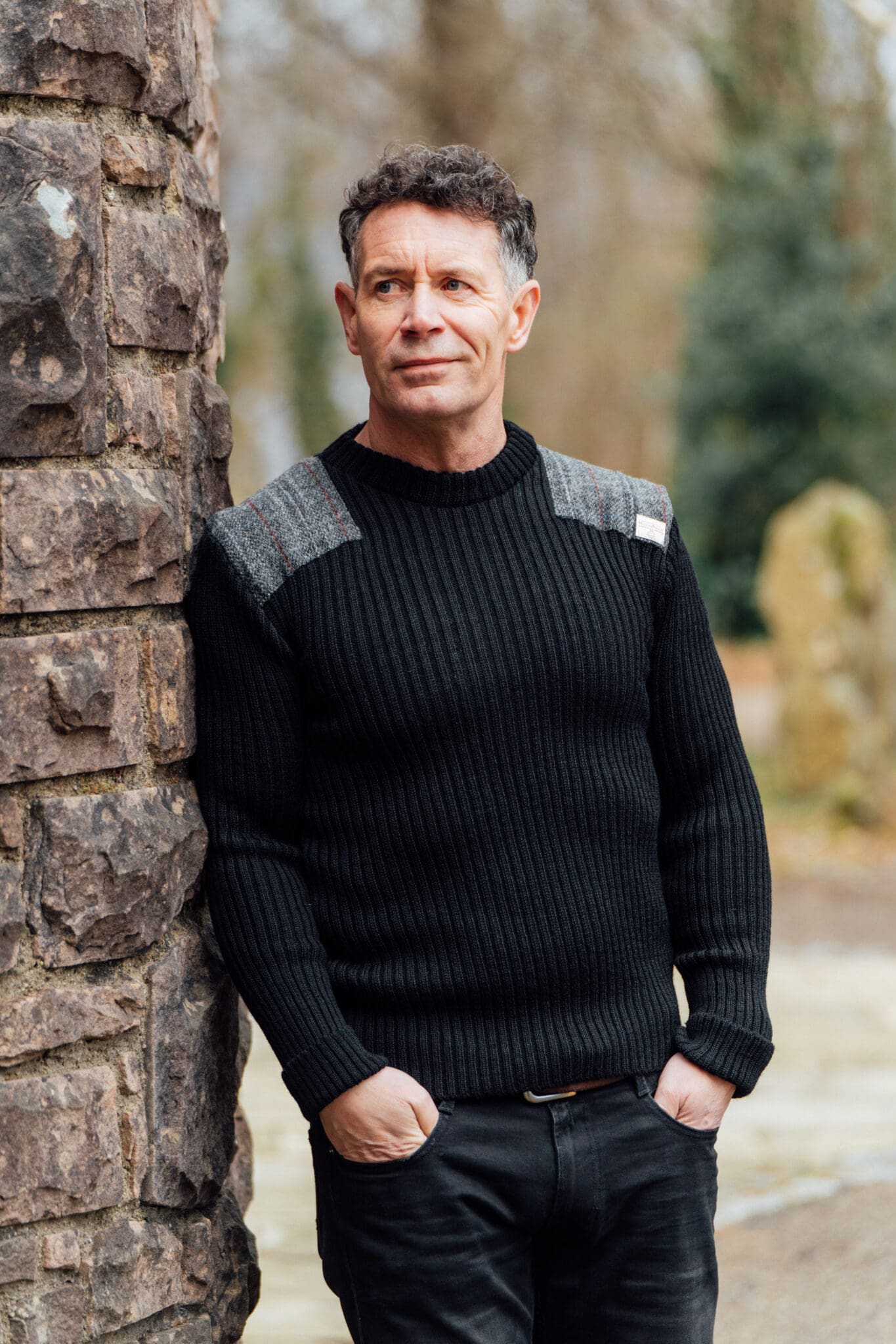 Forrester - Crew Neck Woolly Pully Sweater with Harris Tweed patches ...